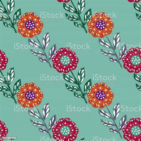 손으로 그린 오렌지와 핑크 민속 꽃 실루엣 프린트장식 매끄러운 패턴 파란색 배경입니다 꽃 식물에 대한 스톡 벡터 아트 및 기타