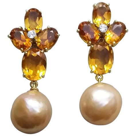 Natural Color Pinkish Pearls Citrine Diamonds White Gold Dangle