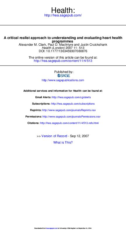 A Critical Realist Approach To Understanding And Evaluating Heart Health Programmes