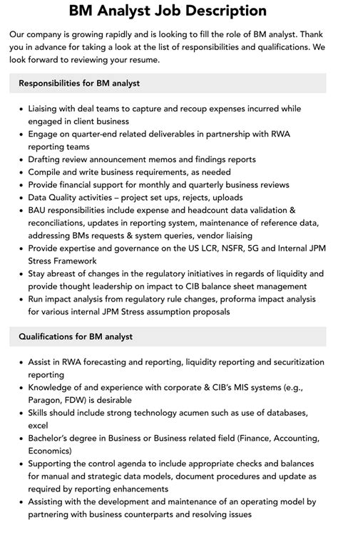 Bm Analyst Job Description Velvet Jobs