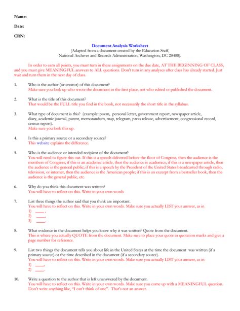 guidelines document analysis worksheet name date crn document