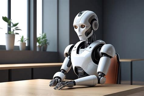 Robot Sitting Behind Table 3d Render Premium Ai Generated Image