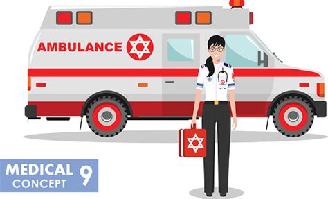 의료 개념입니다 흰색 바탕에 플랫 스타일에 유대인 긴급 의사 여자와 구급차 자동차의 상세한 그림 벡터 일러스트 레이 션 간호사에 대한 스톡 벡터 아트 및 기타 이미지