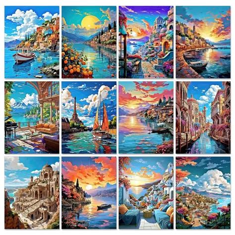 Diy 유화 그리기 명화 그림 피포페인팅gatyztory 숫자 키트 아름다운 해변 풍경 페인트 손으로 티몬