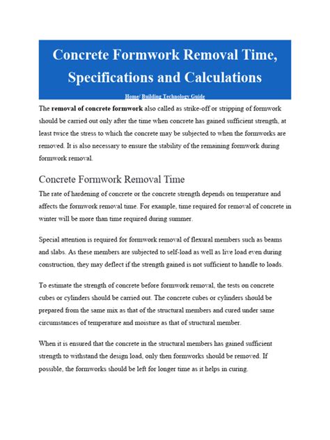 Stripping Of Formwork Removal Time Pdf Concrete Cement