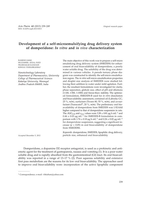 Pdf Development Of A Self Microemulsifying Drug Delivery System Of Domperidone In Vitro And
