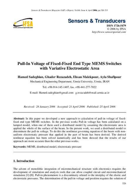 Pdf Pull In Voltage Of Fixed Fixed End Type Mems Switches With Variative Electrostatic Area