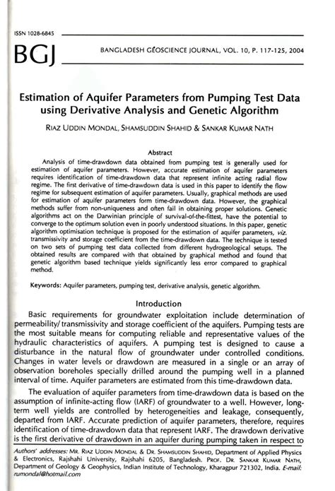 Pdf Estimation Of Aquifer Parameters From Pumping Test Data Using