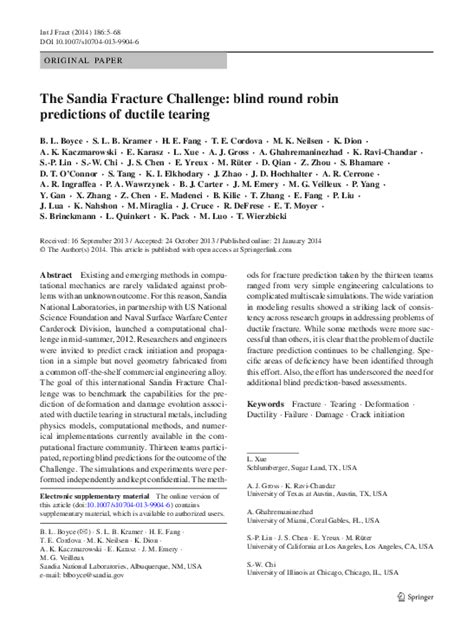 Pdf The Sandia Fracture Challenge Blind Round Robin Predictions Of Ductile Tearing