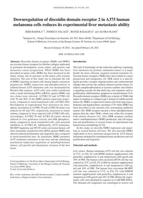 Pdf Downregulation Of Discoidin Domain Receptor 2 In A375 Human Melanoma Cells Reduces Its