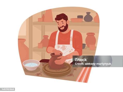 점토로 도자기 주전자를 만드는 마스터 포터 장인 장인이 작업장에서 냄비를 만든다 도예가에 대한 스톡 벡터 아트 및 기타 이미지