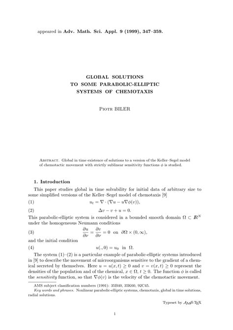Pdf Global Solutions To Some Parabolic Elliptic Systems Of Chemotaxis