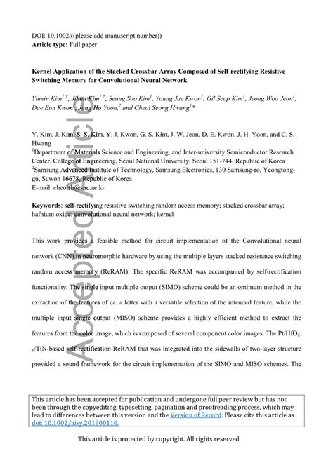 Pdf Kernel Application Of The Stacked Crossbar Array Composed Of Self‐rectifying Resistive