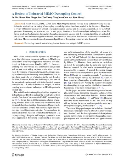 A Review Of Industrial Mimo Decoupling Control Pdf Control Theory
