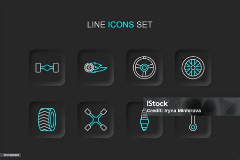 세트 라인 렌치 스패너 자동차 점화 플러그 휠 렌치 타이어 휠 스톱워치 레이싱 스티어링 화재 불꽃 및 섀시 자동차 아이콘 벡터