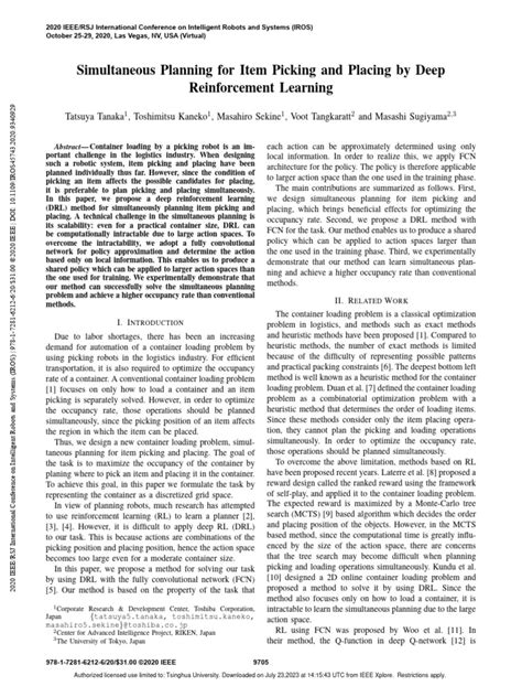 Simultaneous Planning For Item Picking And Placing By Deep Reinforcement Learning Pdf
