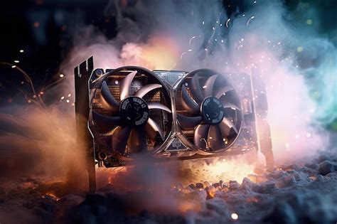 동적 배경 디자인으로 회전하는 최신 Gpu 그래픽 카드를 닫습니다 프리미엄 사진