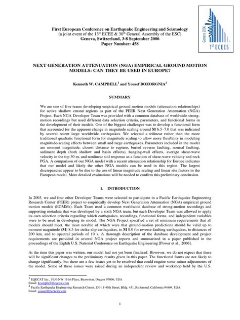 Nga Empirical Ground Motion Models Campbell 2006 09 Pdf Earthquakes
