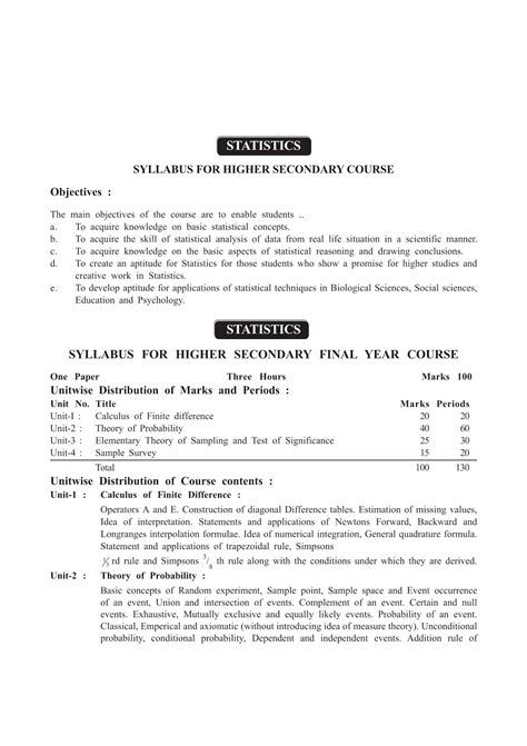 Statistics Syllabus Ahsec Class 12 Syllabus 2022 23