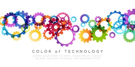 무지개 기어 휠 구성에서 기술 추상적 인 배경 팀워크 산업 통신 또는 자동화 개념 설계를위한 수평 경계 기어 기계 부분에 대한