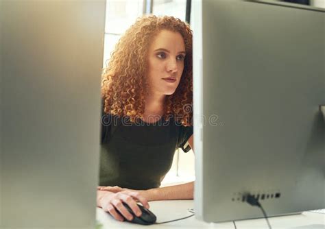 Computer Reading And Woman In Office With Research For Information