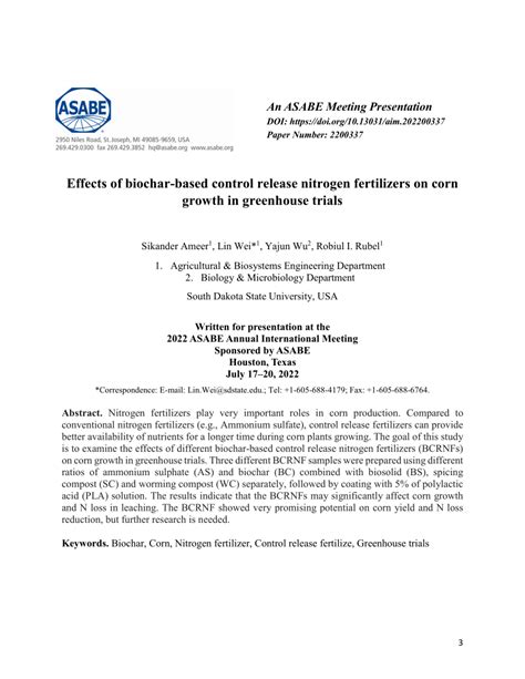 Pdf Effects Of Biochar Based Control Release Nitrogen Fertilizers On Corn Growth In Greenhouse