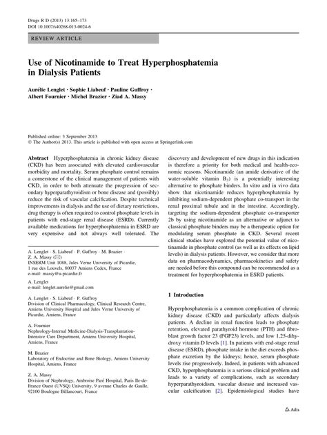 Pdf Use Of Nicotinamide To Treat Hyperphosphatemia In Dialysis Patients