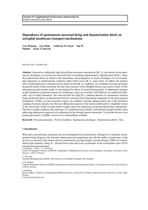 Pdf Dependence Of Spontaneous Neuronal Firing And Depolarization Block On Astroglial Membrane