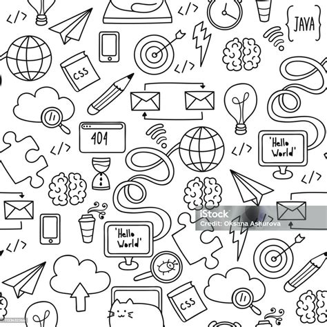 Doodle Seamless Pattern With Web Development Objects Stock Illustration