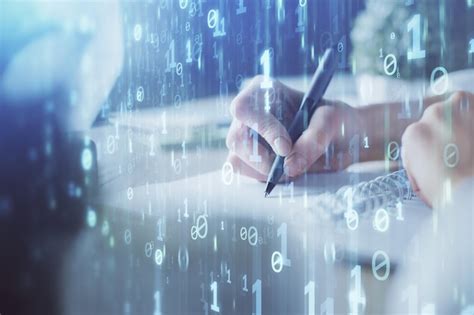 Premium Photo Double Exposure Of Womans Hands On Background With Technology And Digital Coding