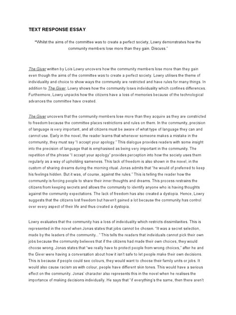 Text Response Essay Shreya Pdf The Giver Cognition