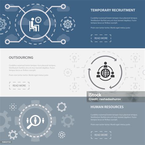 인적 자원 3 가로 웹 페이지 배너 서식 파일 임시 채용 아웃소싱 인간 Resourсes 개념 평면 현대 고립 된 아이콘 그림입니다 아웃소싱에 대한 스톡 벡터 아트 및 기타