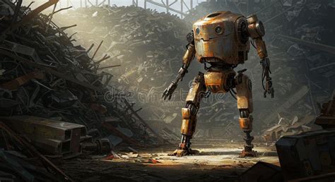Rusty Robot Standing In Junkyard Surrounded By Scrap Metal Stock Illustration Illustration Of