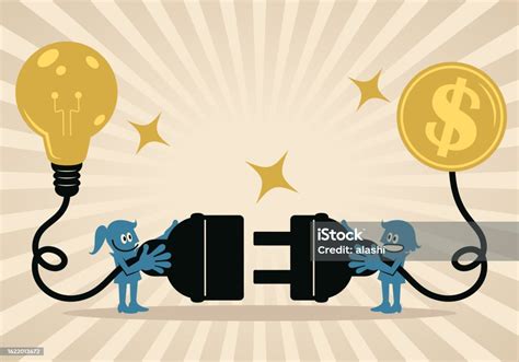 돈과 아이디어를 위해 연결할 준비가 된 거대한 유선 전원 플러그와 소켓을 들고 있는 두 명의 사업가 2명에 대한 스톡 벡터 아트