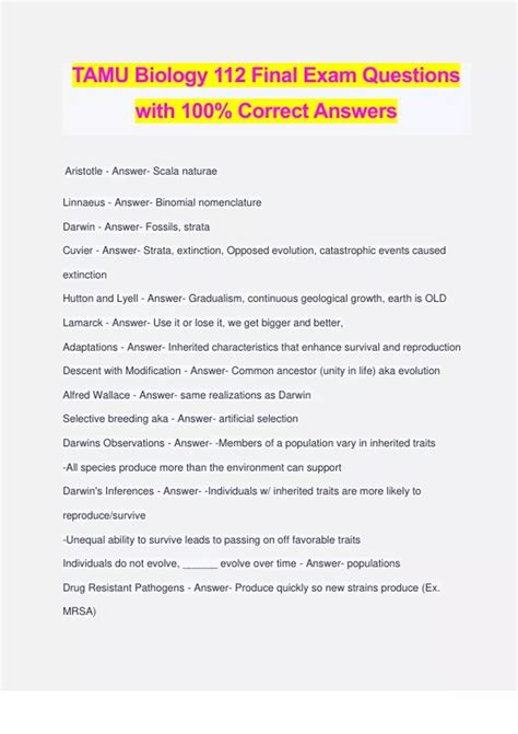 Tamu Biology 112 Final Exam Questions With 100 Correct Answers Tamu