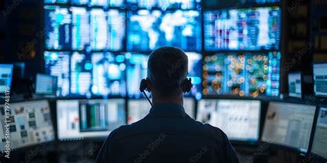One Technician Monitors Multiple Screens Displaying Technical Data In A Control Room Concept