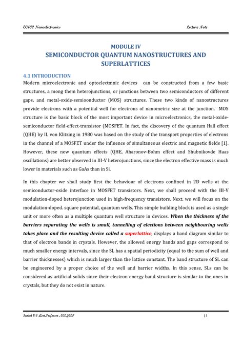 Module IV Lecture Notes MODULE IV SEMICONDUCTOR QUANTUM NANOSTRUCTURES AND SUPERLATTICES
