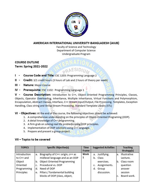 Csc1203 Programming Language 2 Courseoutline Spring 2021 2022 Pdf