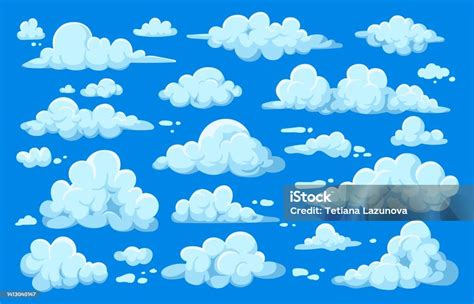 만화 구름 하늘 하늘 장면이있는 게임 Ui 자산 누적 구름이있는 여름 흐린 배경 벡터 2d 스프라이트 증기 안개 및 연기 세트