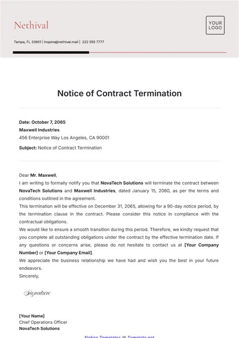 Free Notice Of Contract Termination Template To Edit Online
