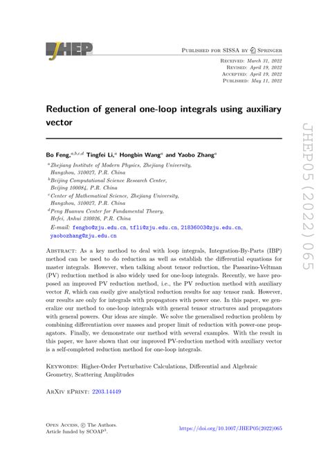 Pdf Reduction Of General One Loop Integrals Using Auxiliary Vector