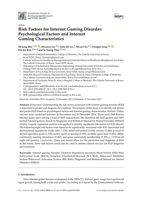 Pdf Risk Factors For Internet Gaming Disorder Psychological Factors And Internet Gaming