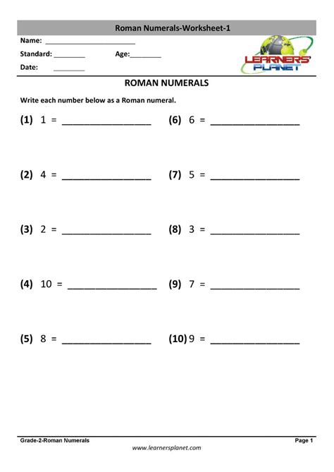grade 2 roman numerals worksheets printable