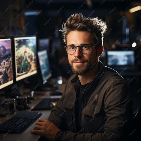 Premium Photo Portrait A Young Software Engineer Sitting At A Desk By