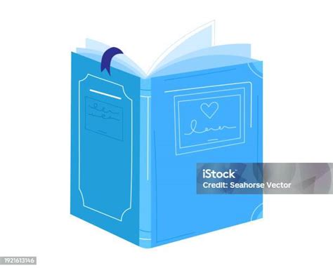 표지에 사랑의 하트와 우아한 글씨가 있는 파란색 펼쳐진 책 미니멀리스트 독서 및 문학 개념 로맨스 소설 또는시 책 벡터 일러스트