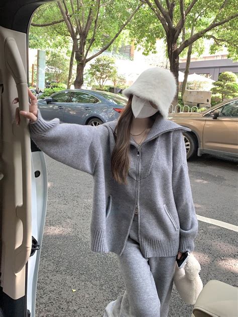 릿 Set 골지 니트 투웨이 집업 팬츠 세트 트레이닝 세트 데일리룩 공항룩