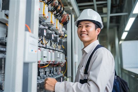 고층 빌딩 지하에 있는 복잡한 전기 시설을 점검하는 일을 하는 협력 업체 소속 전기 엔지니어 Stock Illustration Adobe Stock