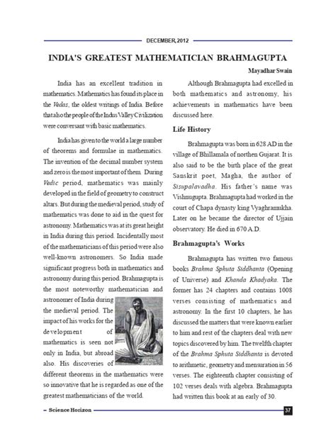 Indias Greatest Mathematician Brahmagupta December 2012 S H Pdf Elementary Mathematics