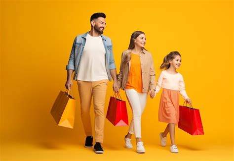 Фотография улыбающейся счастливой семьи делающей покупки вместе