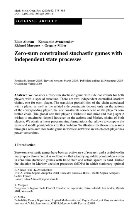 Pdf Zero Sum Constrained Stochastic Games With Independent State